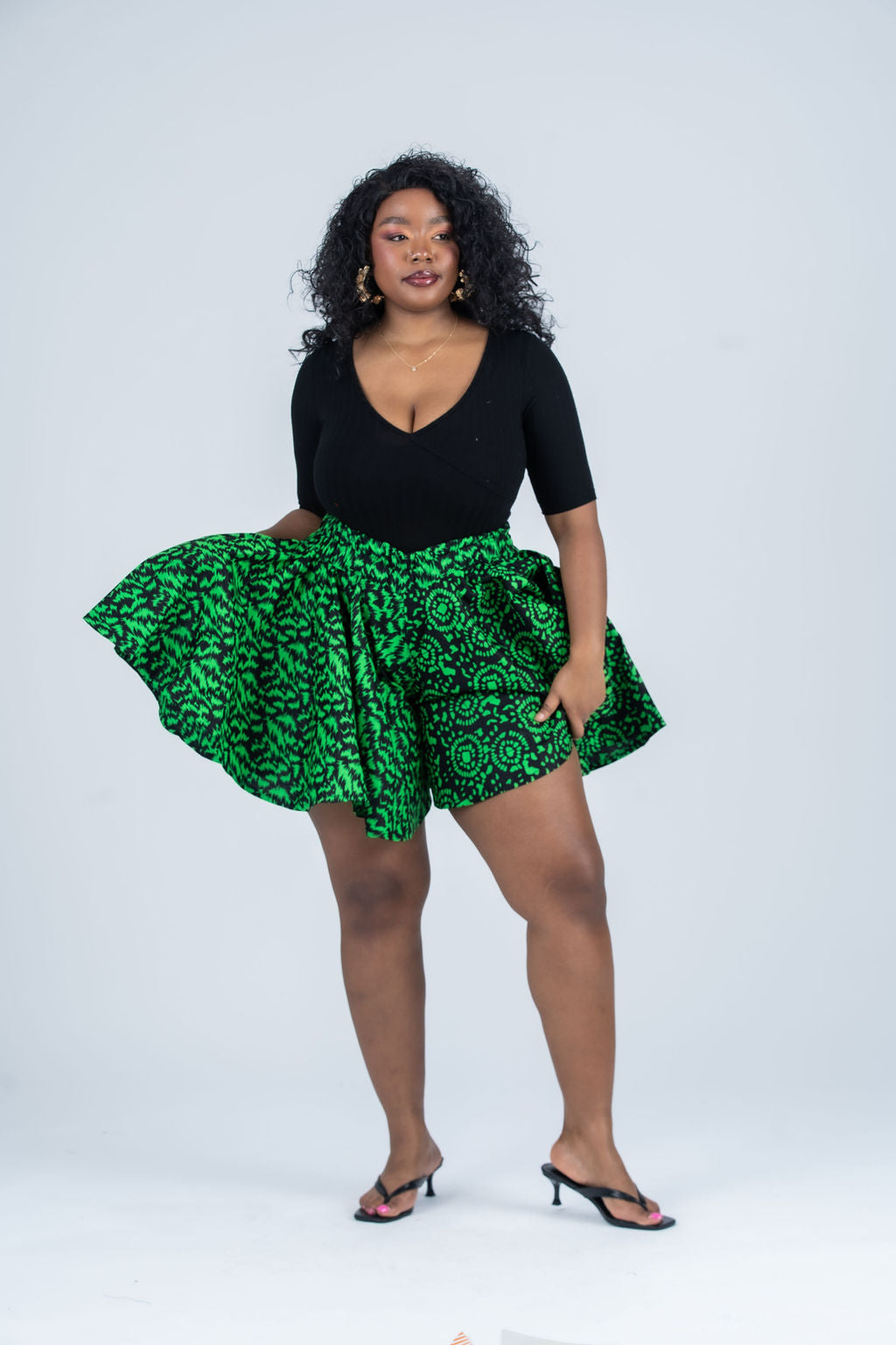 Jayla Ankara High Waisted Flare Short | Green and Black African Print ...